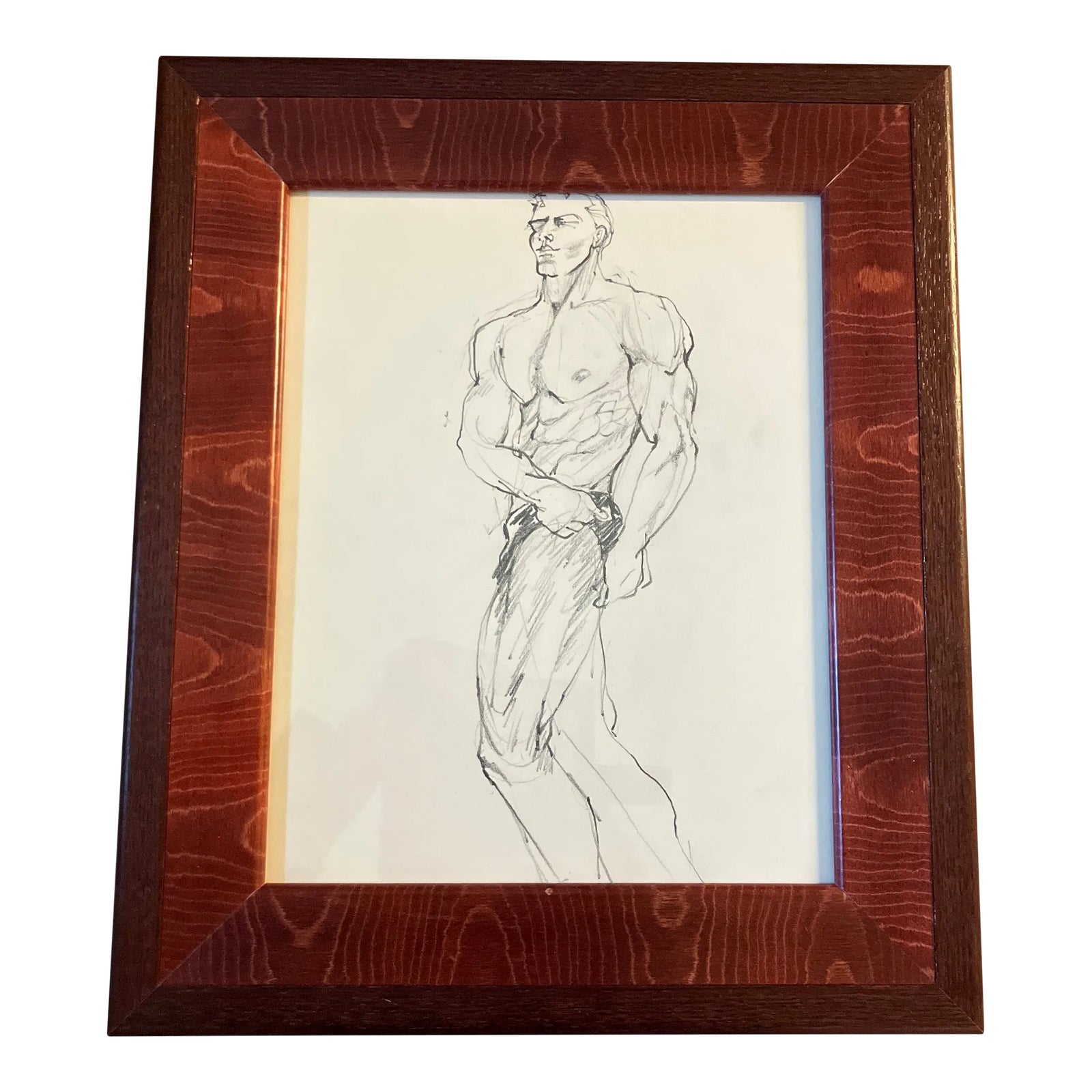 1960’s Original Male Figure Study Drawing Grained Wood Frame | Chairish