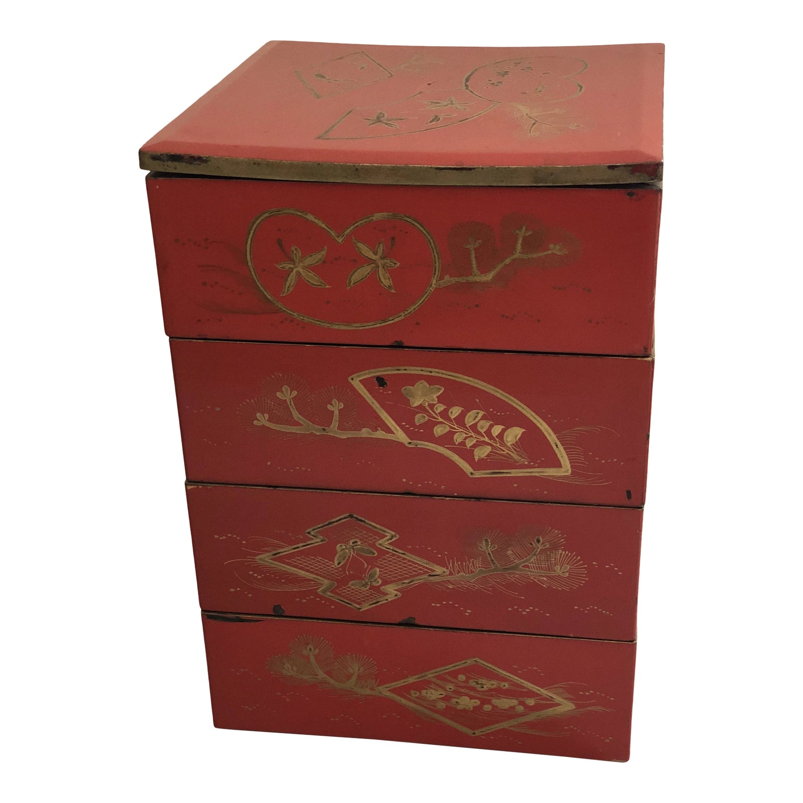 Japanese Red Lacquer and Gold Decorated Stacking Bento Box | Chairish