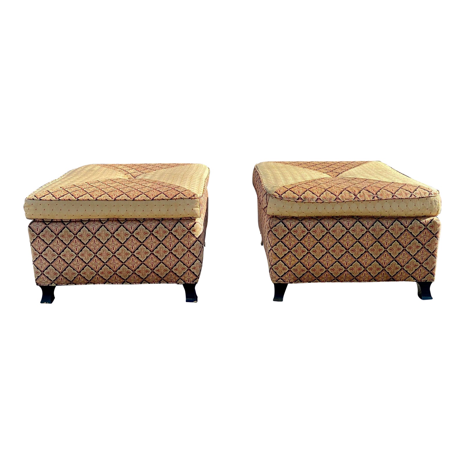 1950s Textile Reversed Floor Pillowtop Ottoman Stools - Set of 2 | Chairish
