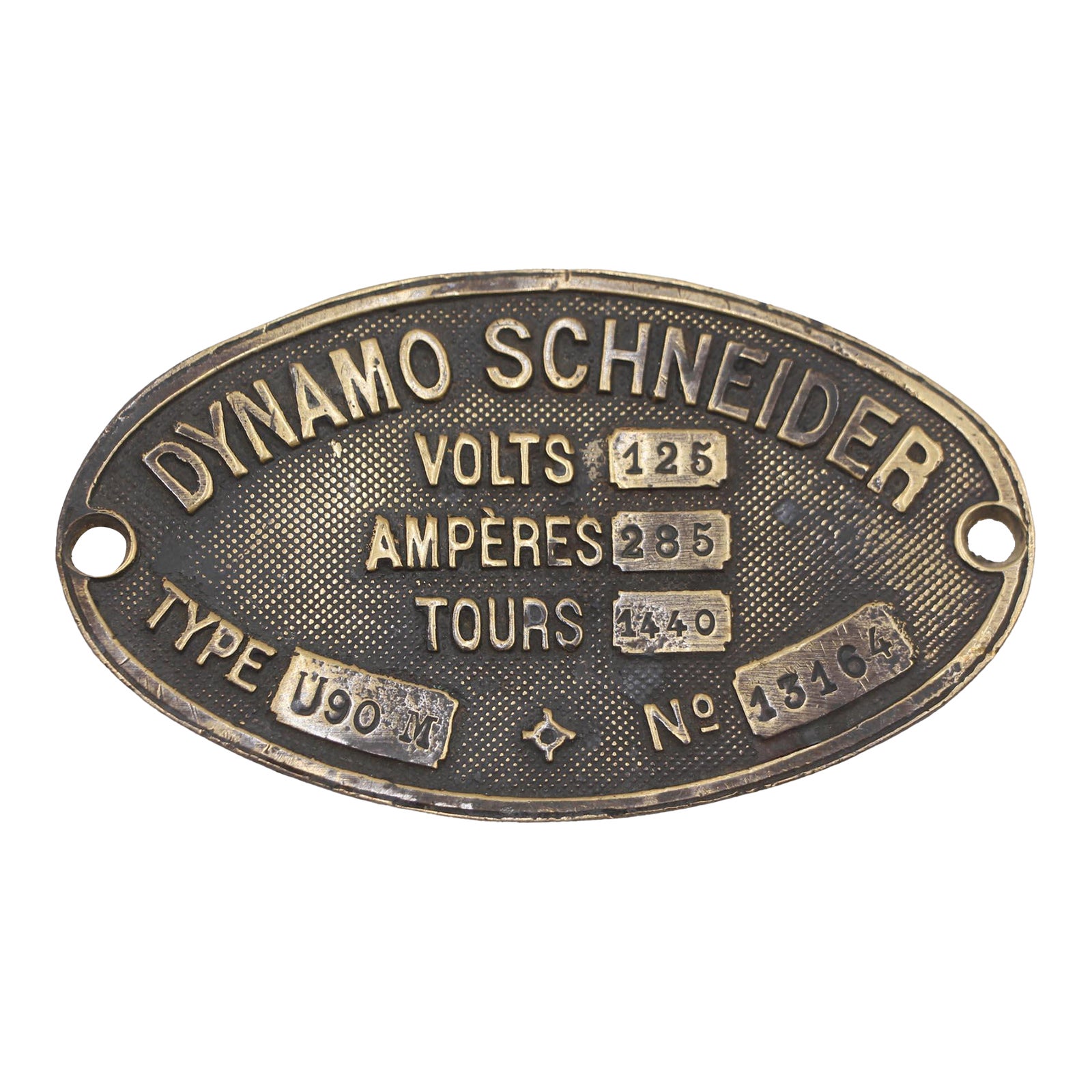 Vintage French Brass Dynamo Schneider Oval Machine Plate | Chairish