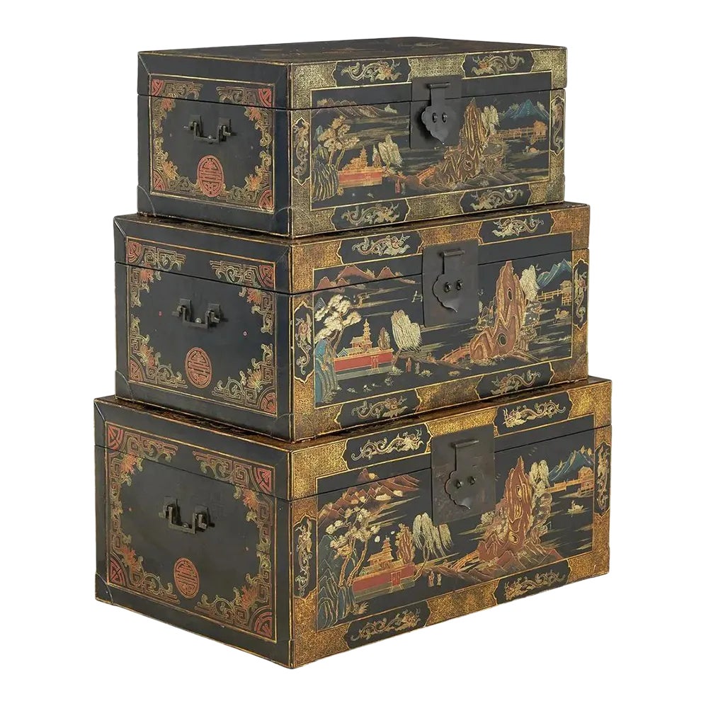 Set of Three Nested Chinese Ebonized Trunks | Chairish
