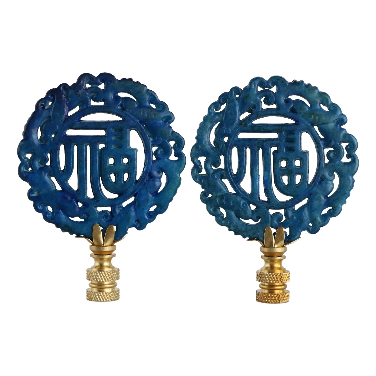 Chinese Good Fortune Symbol Lamp Finials on Brass Hardware - A Pair ...