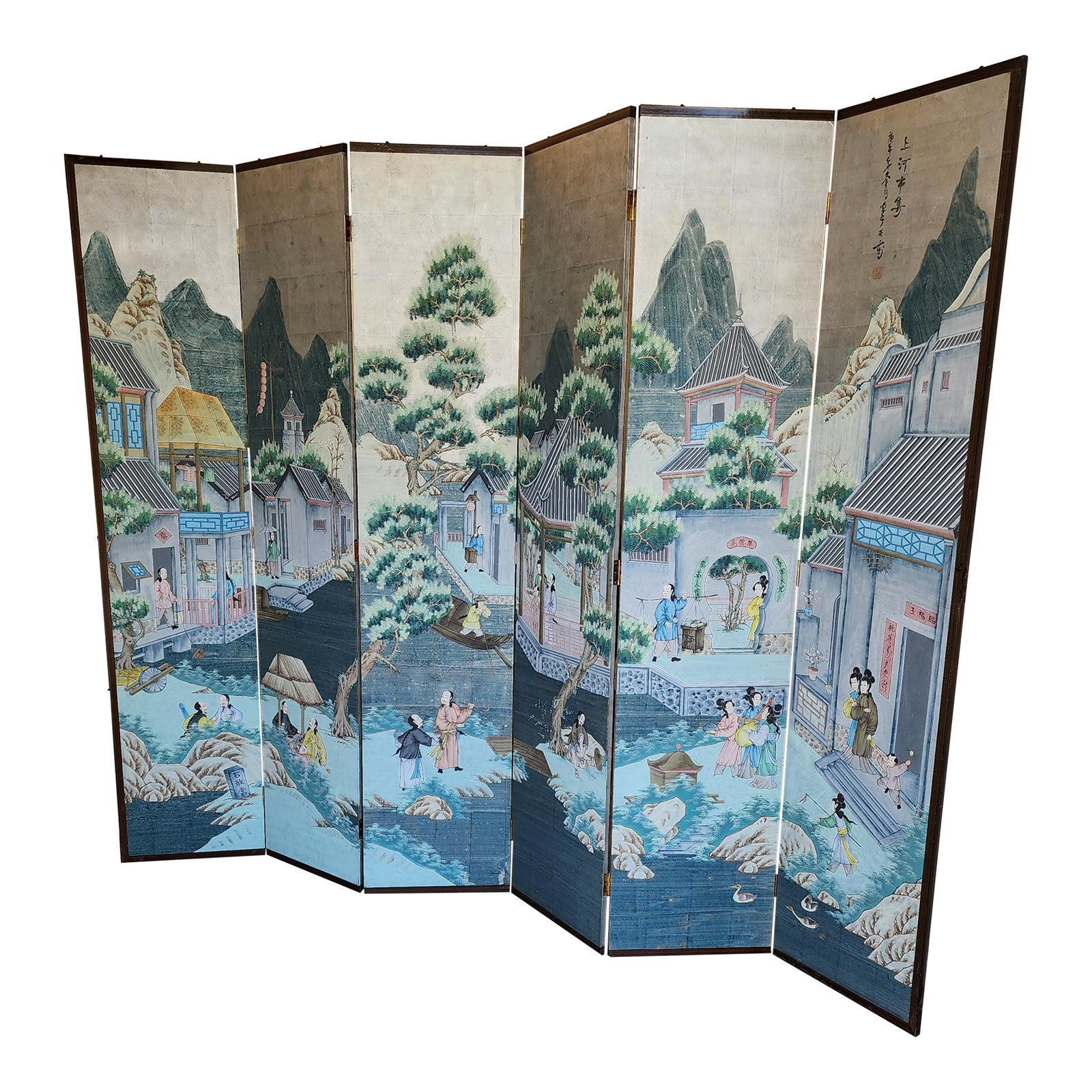 Vintage Chinoiserie Silver Gilt Hand Painted 6 Panel Floor Screen Room ...