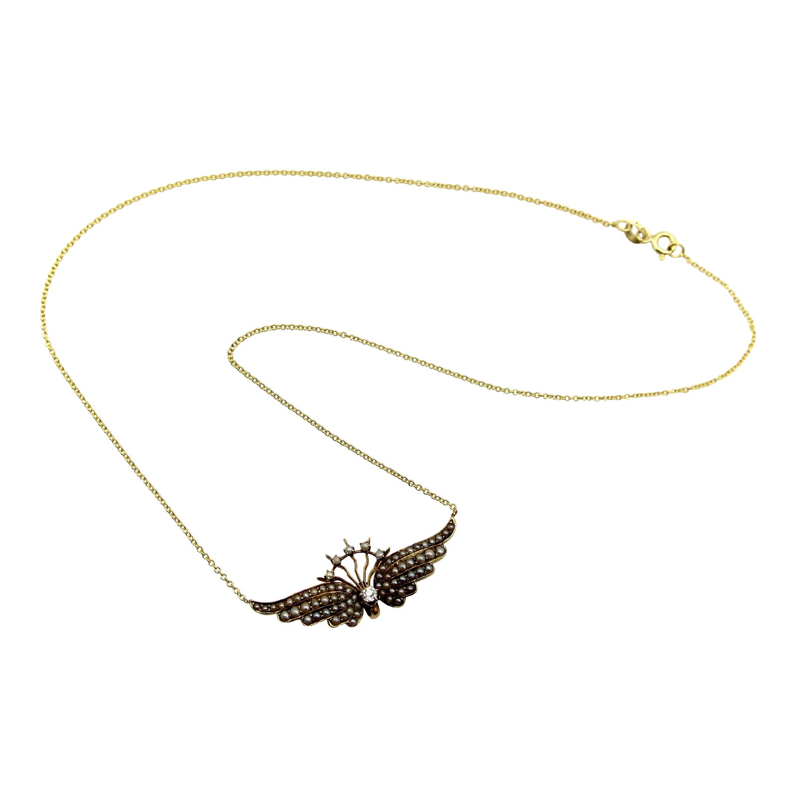 14K Gold Victorian Angel Wing Necklace with Diamond and Seed Pearls ...