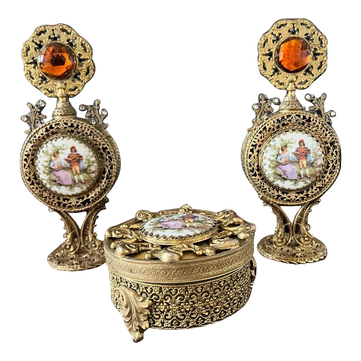 Set of 3 1930s French Ormolu Filagree Dresser Set | Chairish