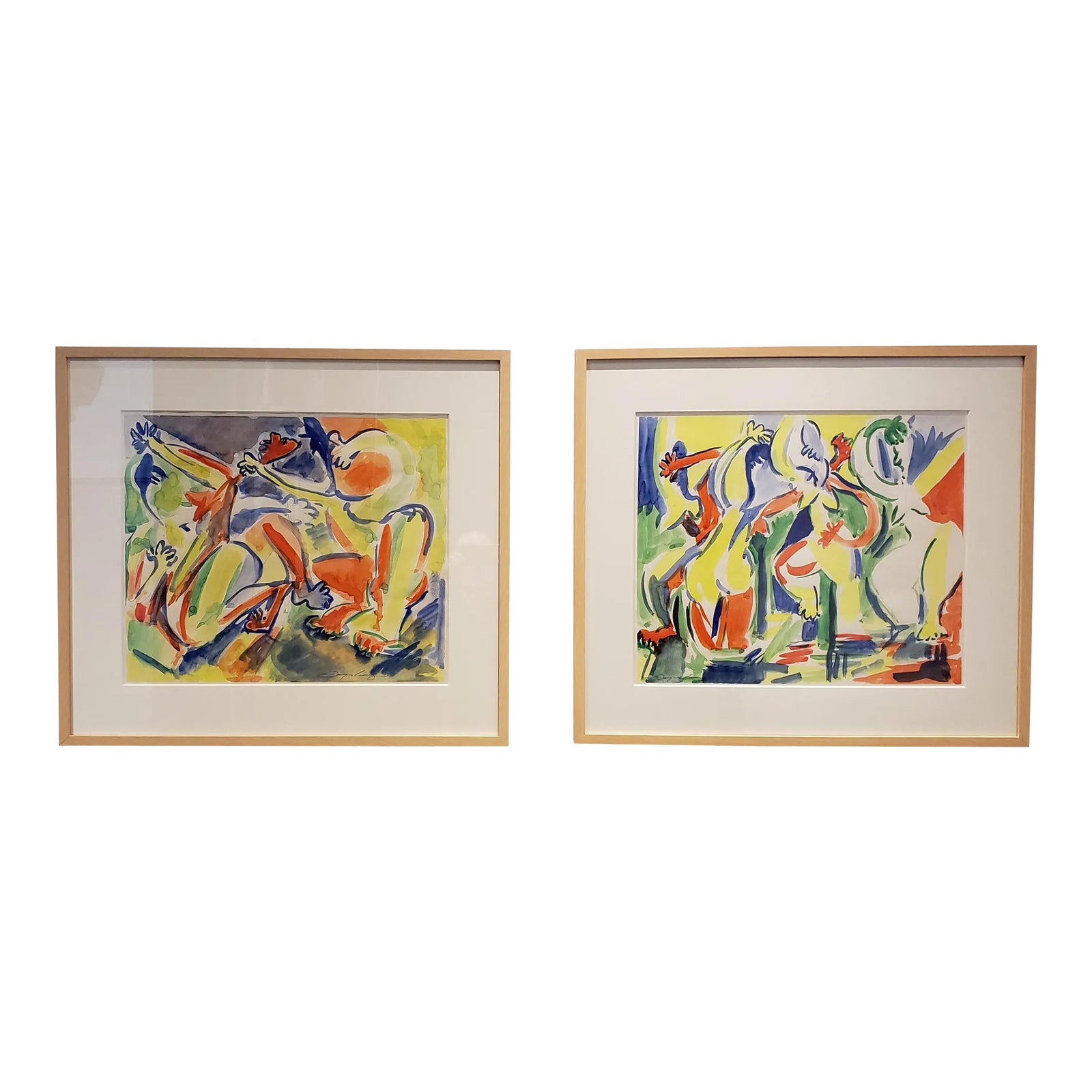 Watercolor Paintings of Dancing Figures by Artist Jacques Lamy - a Pair ...
