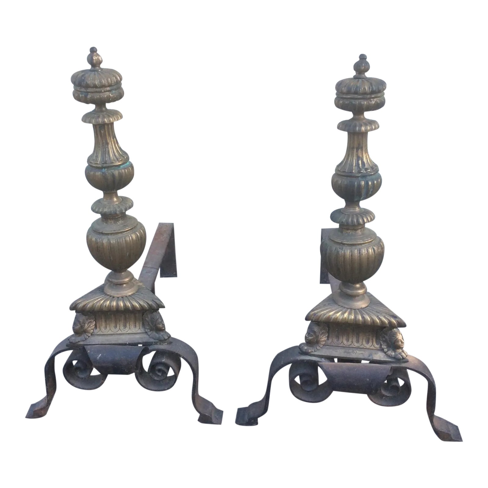 Early Andirons With Cherub Heads and Faces | Chairish