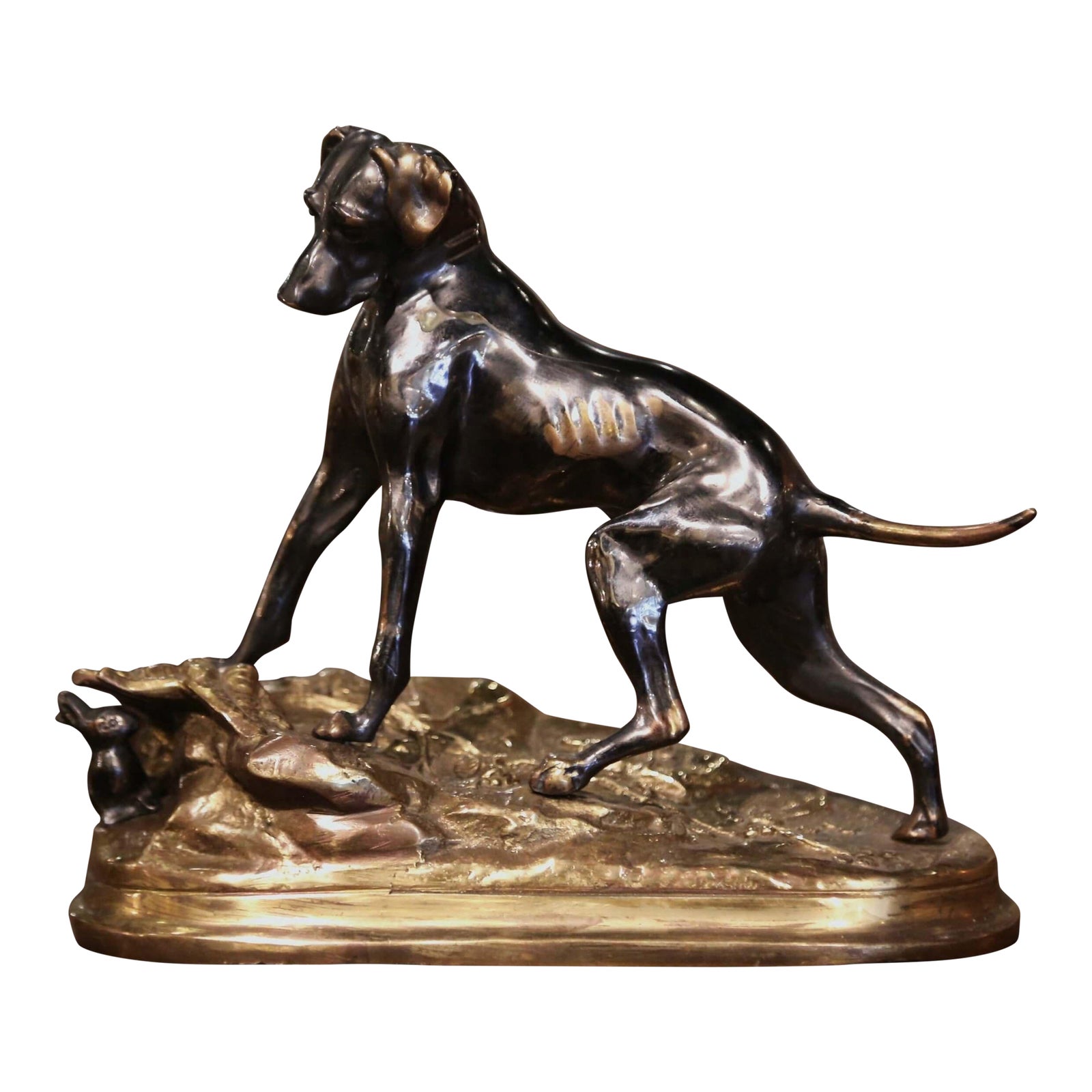 19th Century French Two-Tone Bronze Dog & Rabbit Sculpture Signed Jules ...