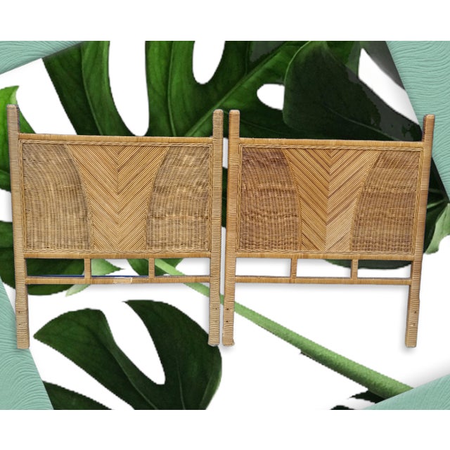 1970s Vintage Mid Century Modern Rattan Wicker Chevron Pencil Reed Twin ...