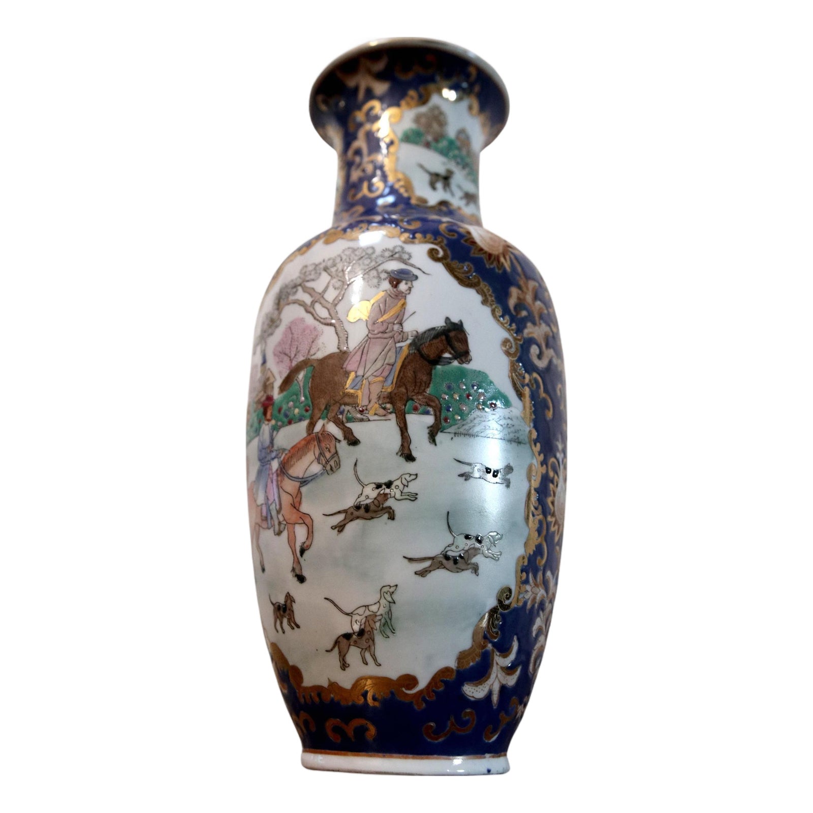 1940s Blue, White and Gilt Baluster Vase with Asian Men on Horseback ...