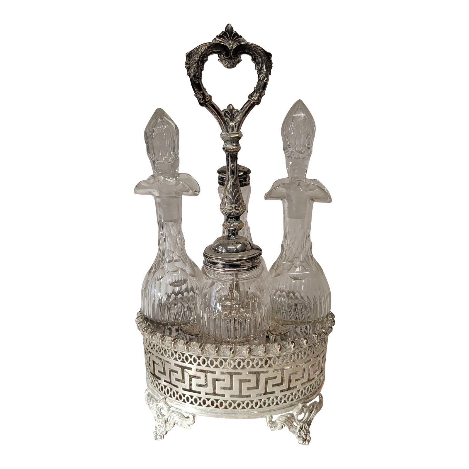 Antique Silverplate and Crystal Four Bottle Cruet Set | Chairish