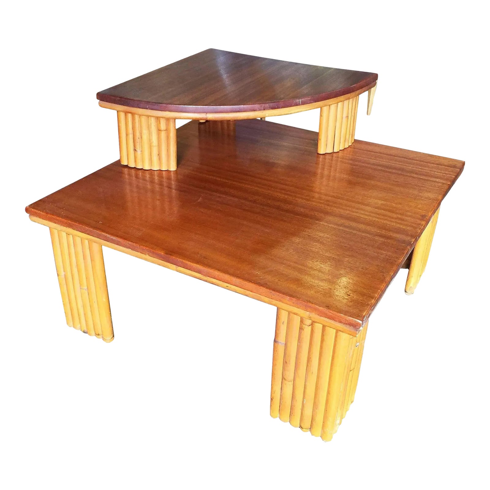 1950s Restored Two-Tier Stacked Rattan Leg Corner Table with Mahogany ...