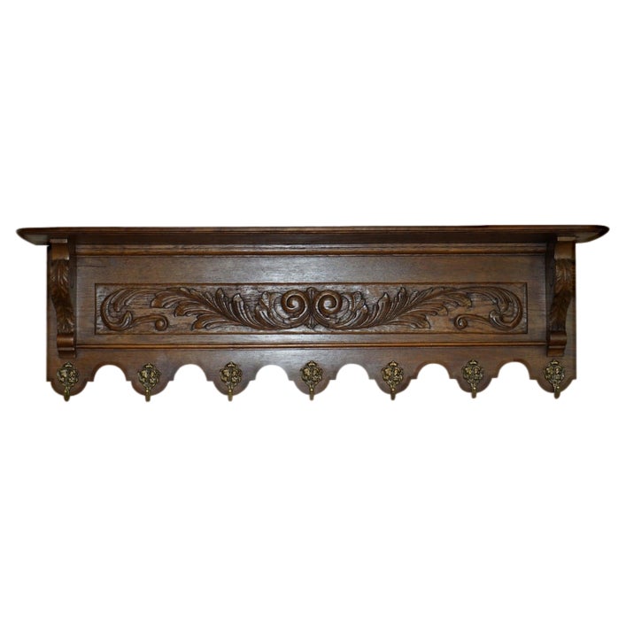 Dutch Oak Heavily Carved Wall Rack with Hanger Romantic Hooks | Chairish