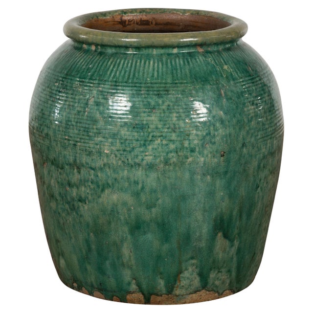 Large Chinese Vintage Green Glazed Water Vessel Planter with Reeded ...