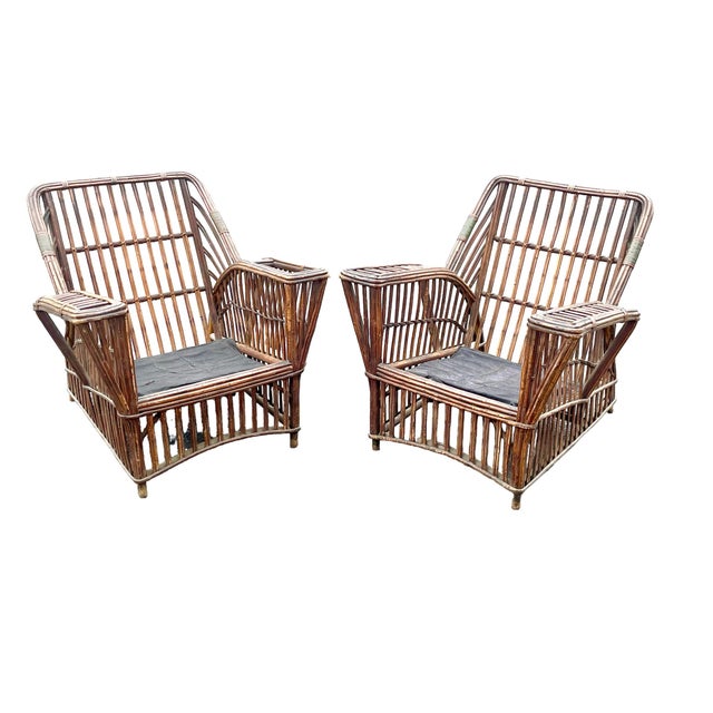 1930s Pair Art Deco Natural Rattan Split Reed Lounge Chairs | Chairish