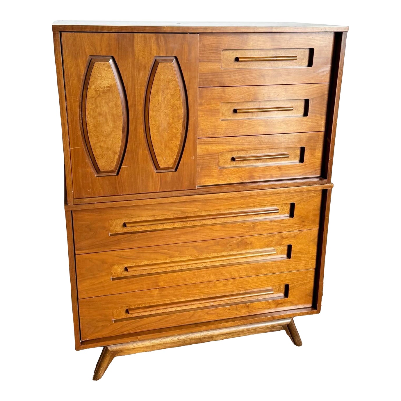 Mid Century Modern Walnut and Burl Highboy by Young Mfg | Chairish