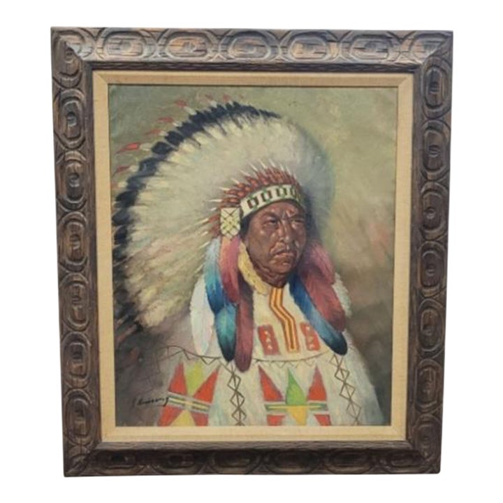 Vintage Oil Painting of an American Indian Chief Signed | Chairish