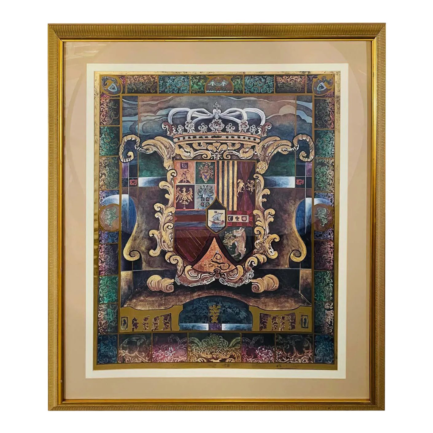 Large Vintage Heraldic Shield With Crown Print | Chairish