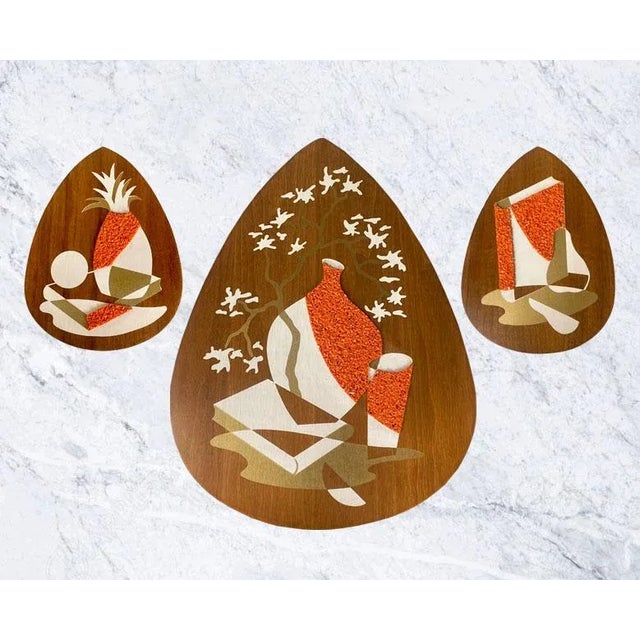 Mid-Century Atomic Walnut Orange Popcorn Wall Hanging Plaques – Set of ...