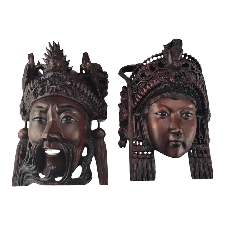 Vintage Chinese Hand-Carved Wood Masks of Daoist Deities Empress and ...