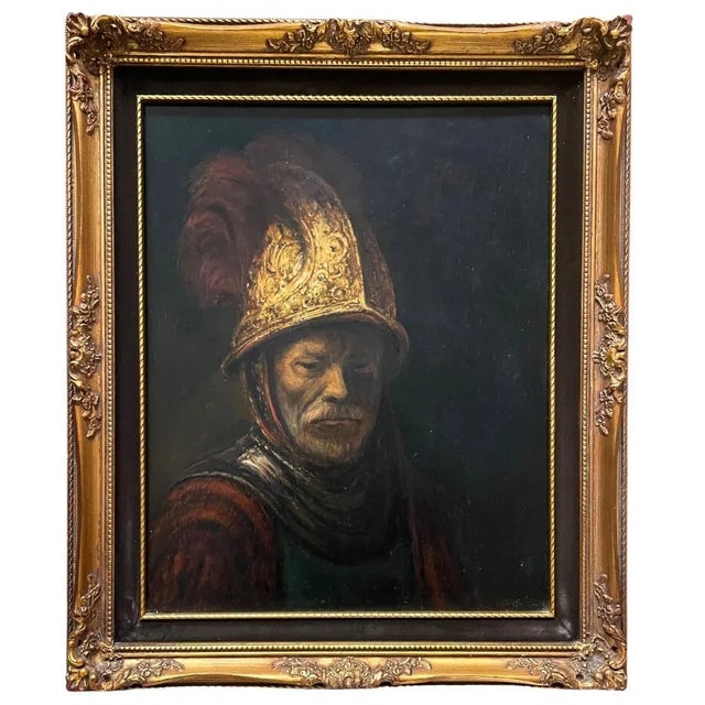 Framed Man in the Golden Helmet Oil on Board Painting | Chairish