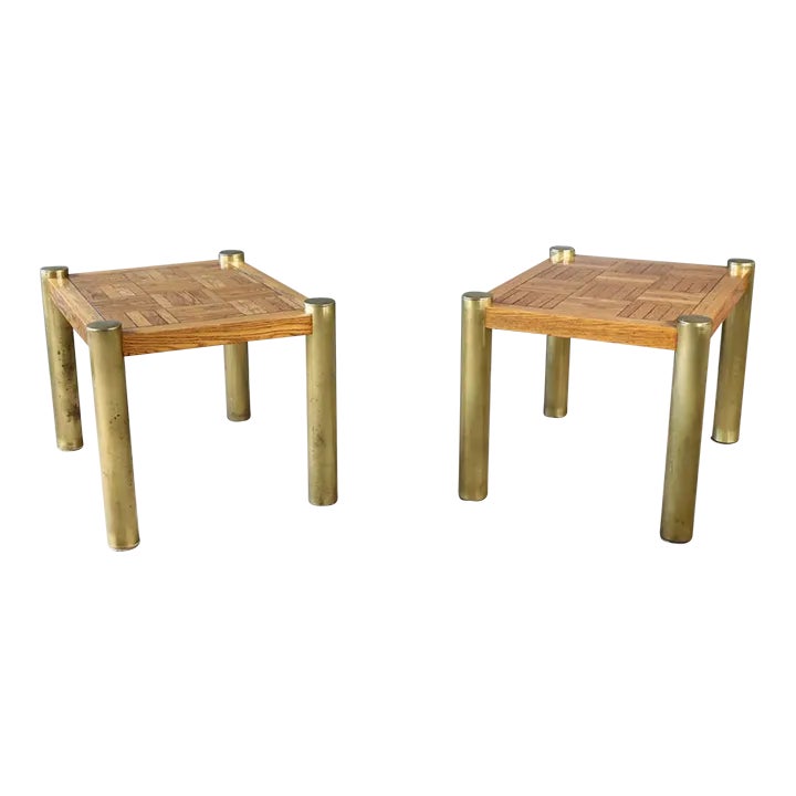 Vintage 70's Lane Tubular Brass Oak Parquet Wood Side Table Pair Retro ...