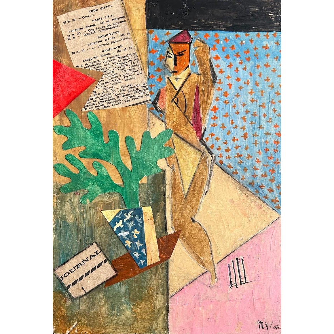 1930s French Art Deco Cubism Woman Gouache Painting | Chairish