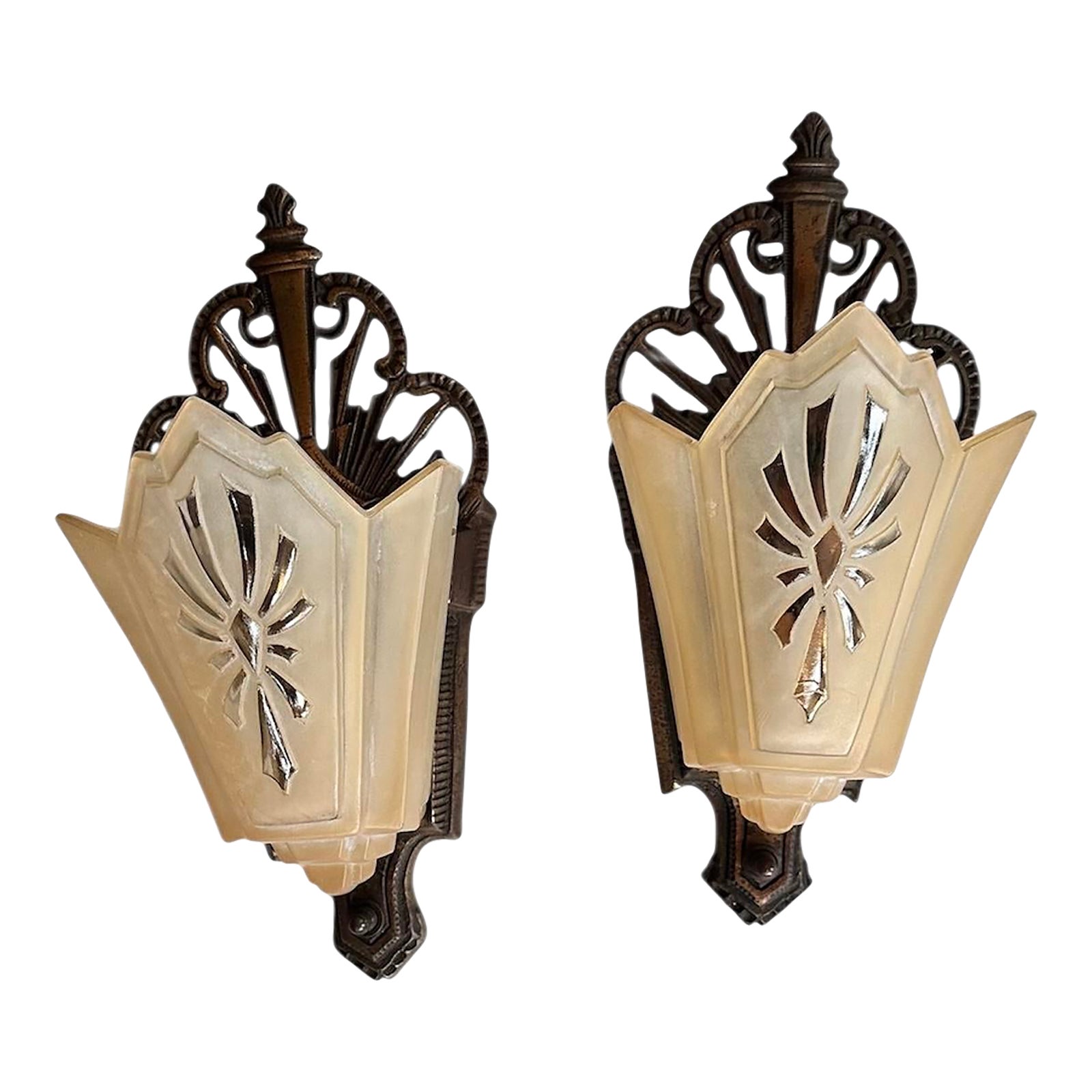 Fabulous Pair Art Deco Slip Shade Wall Scones in Original Patina, Circa ...
