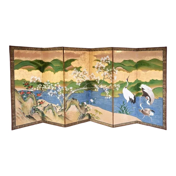 Vintage Meiji Period Six Panel Japanese Folding Screen | Chairish