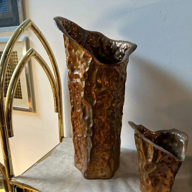 1960s Brutalist Hand-Crafted Copper Vases by Angelo Bragalini | Chairish