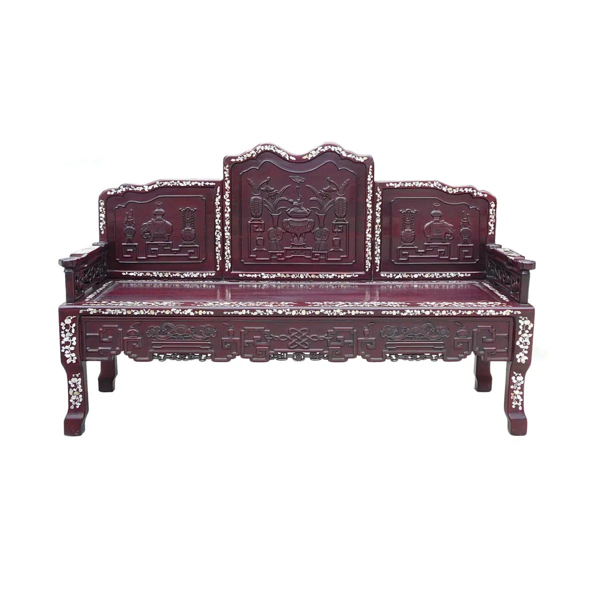 Chinese Red Rosewood & Mother of Pearl Bench | Chairish