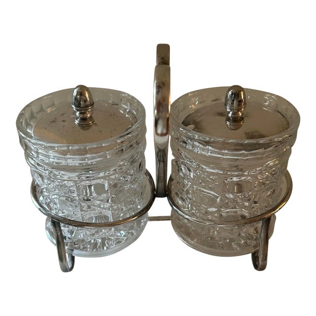 1950s Double Round Crystal Condiment Jars With Silverplate Caddy, Made ...