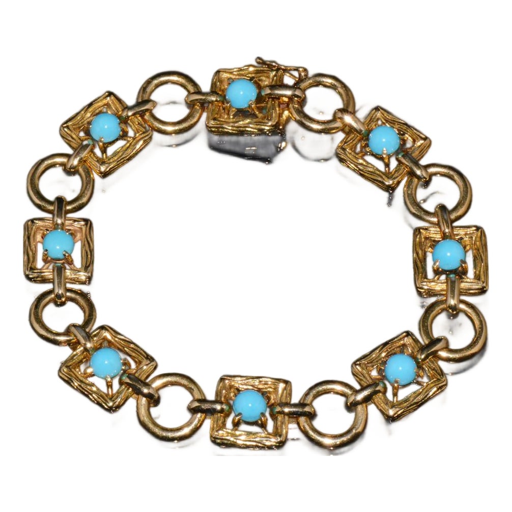 Vintage Mid-Century Solid 18k Gold & Natural Persian Turquoise Bracelet ...