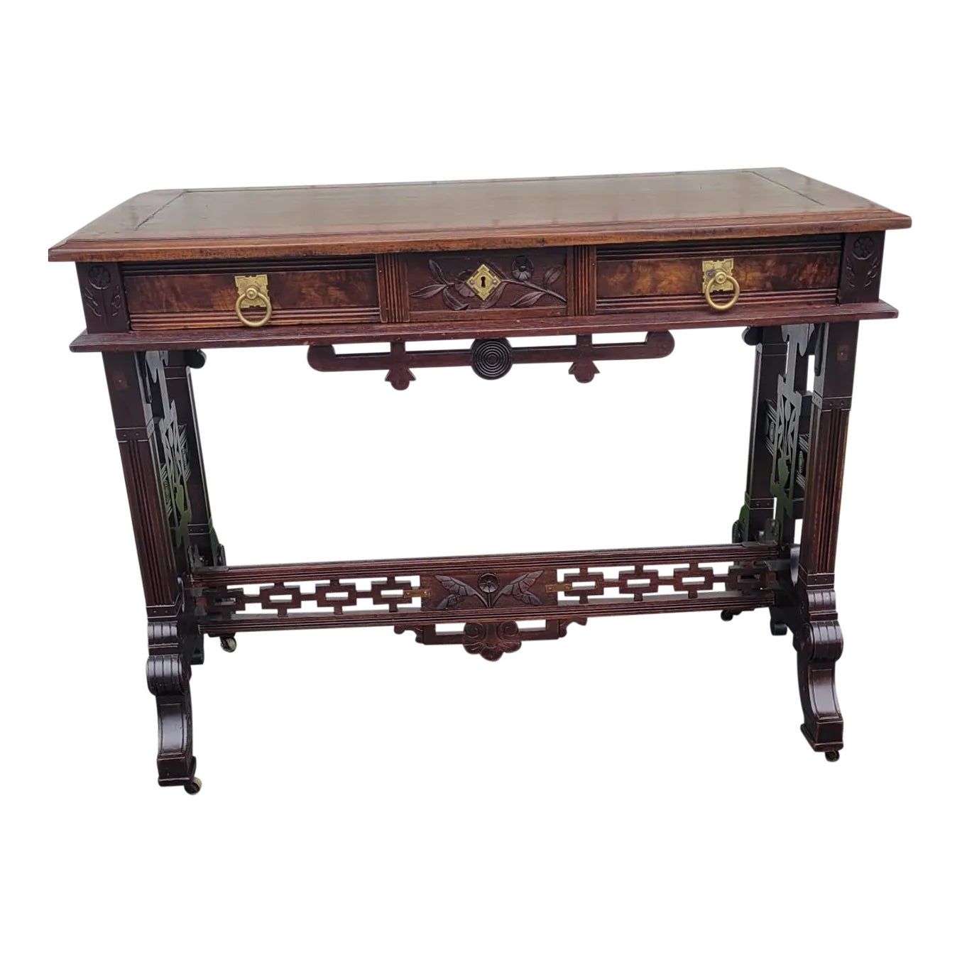 Victorian Eastlake Walnut Carved Detailed Desk With Original Leather ...