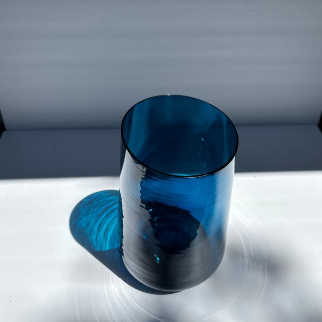1980s Deep Turquoise Blue Angled Glass Vase | Chairish