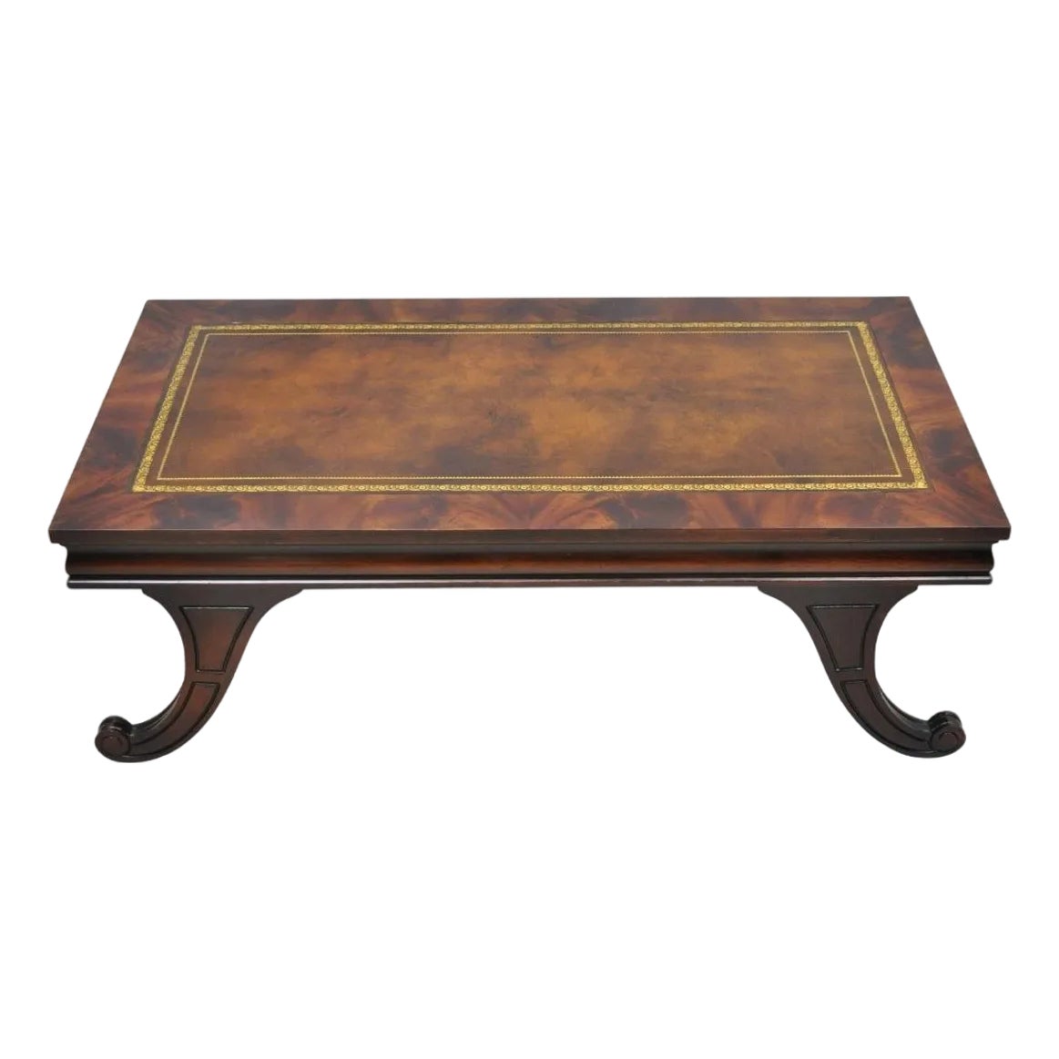 Vintage French Regency Mahogany Leather Top Saber Leg Coffee Table Attr ...