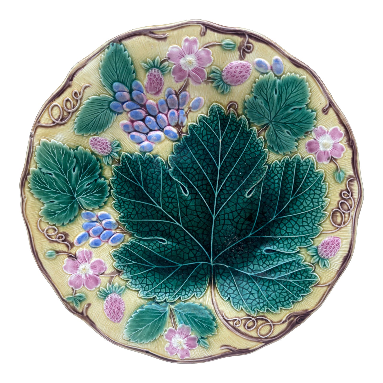English Majolica Strawberry & Grapes Plate Wedgwood Circa 1920 | Chairish