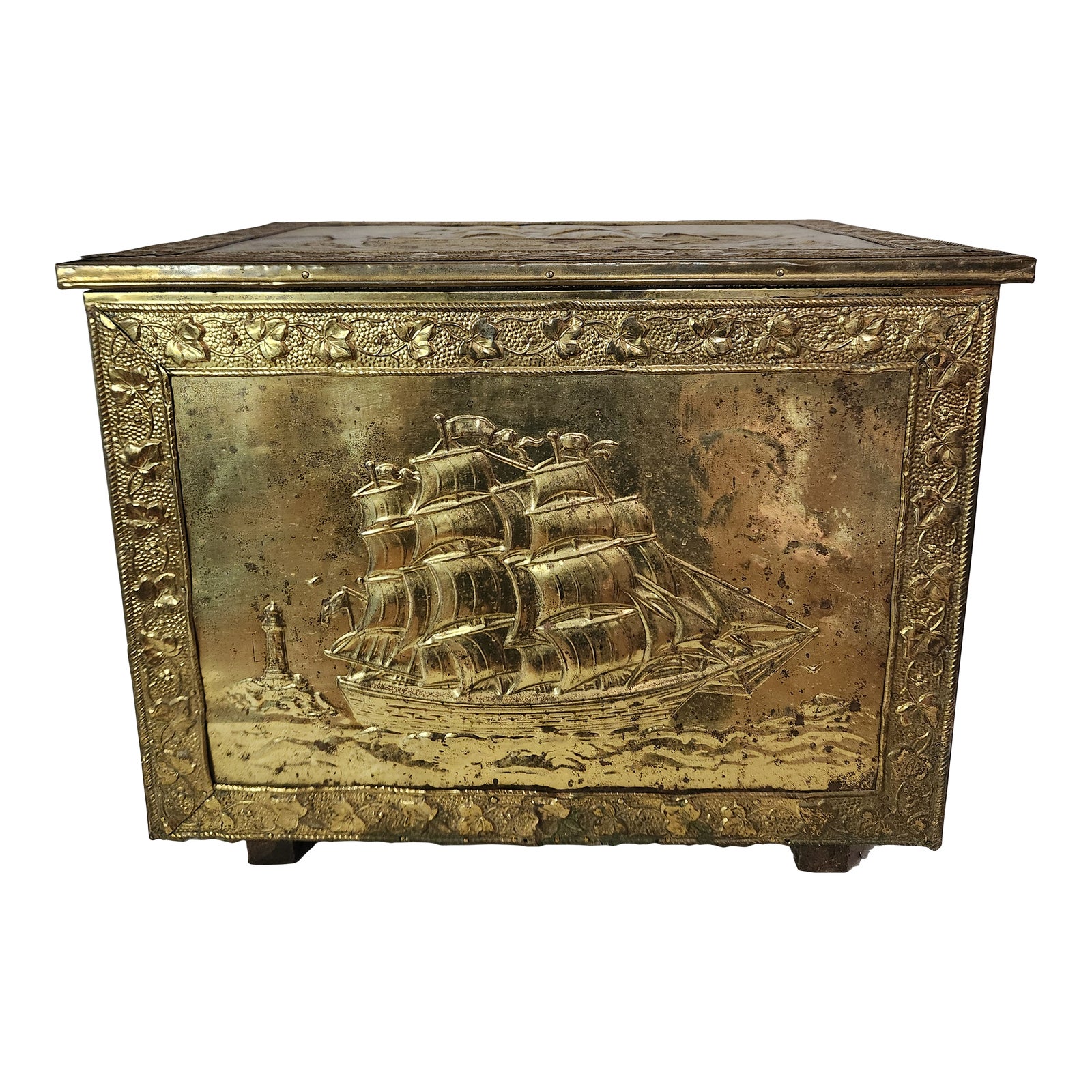 Antique Brass Embossed Nautical Ship Scene Kindling Box | Chairish