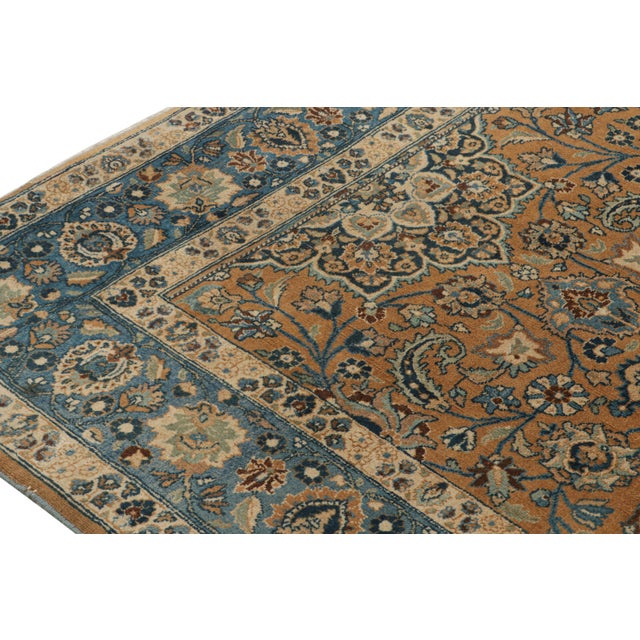 Hand-Knotted Antique Mashad Rug in Beige-Brown and Blue Floral Pattern ...