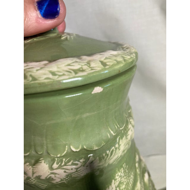 Vintage Green Raised Relief Pottery Ceramic Pitcher with Lid | Chairish