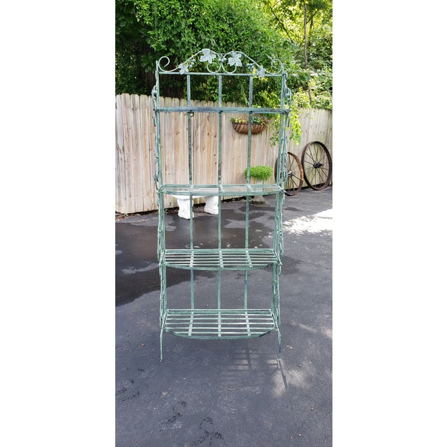 1970s Vintage French Distressed Green and Black Iron Bakers Rack With ...