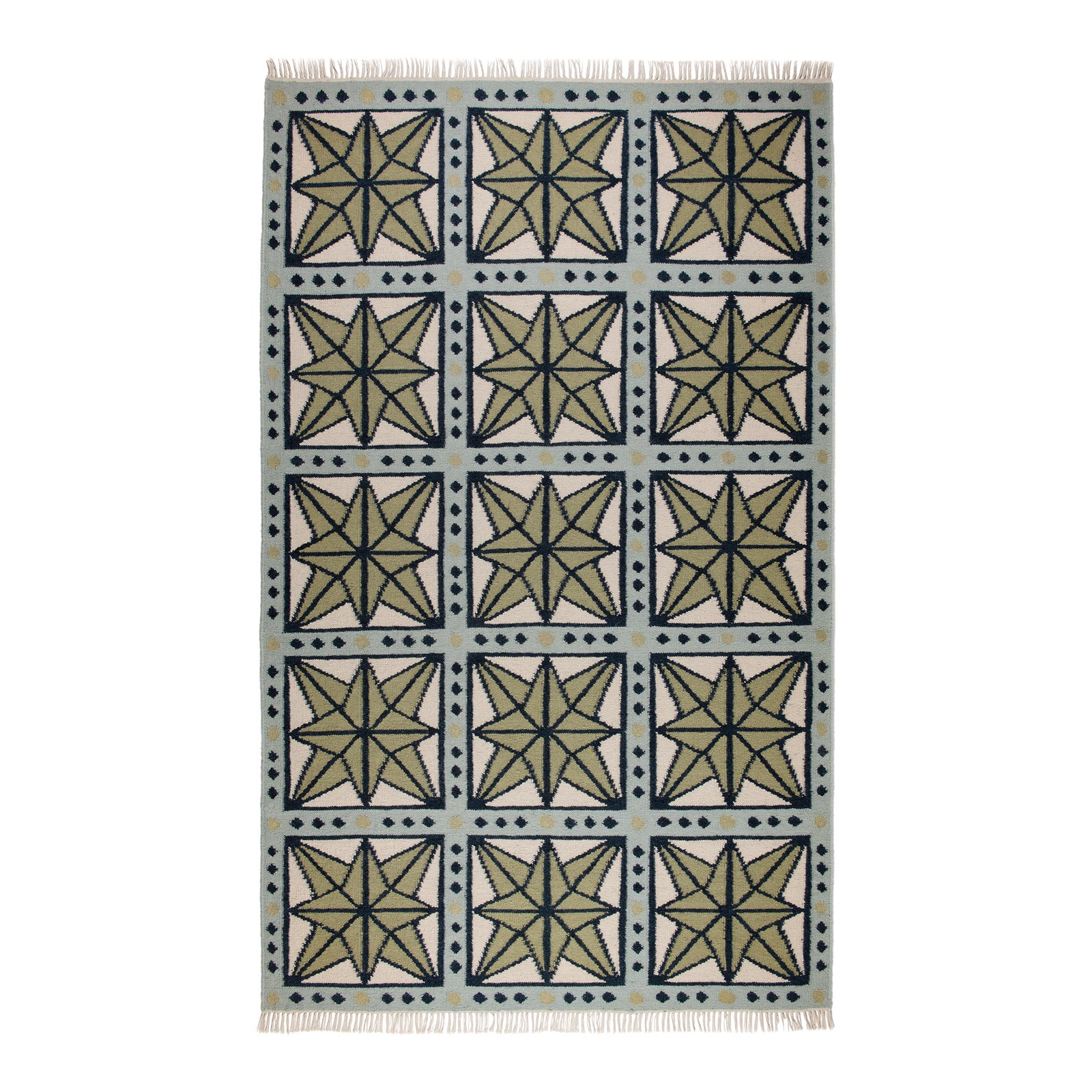 Part & Parcel Goods Wool Star Rug, 2’6” x 8', Sage, Navy, Sky Blue and ...