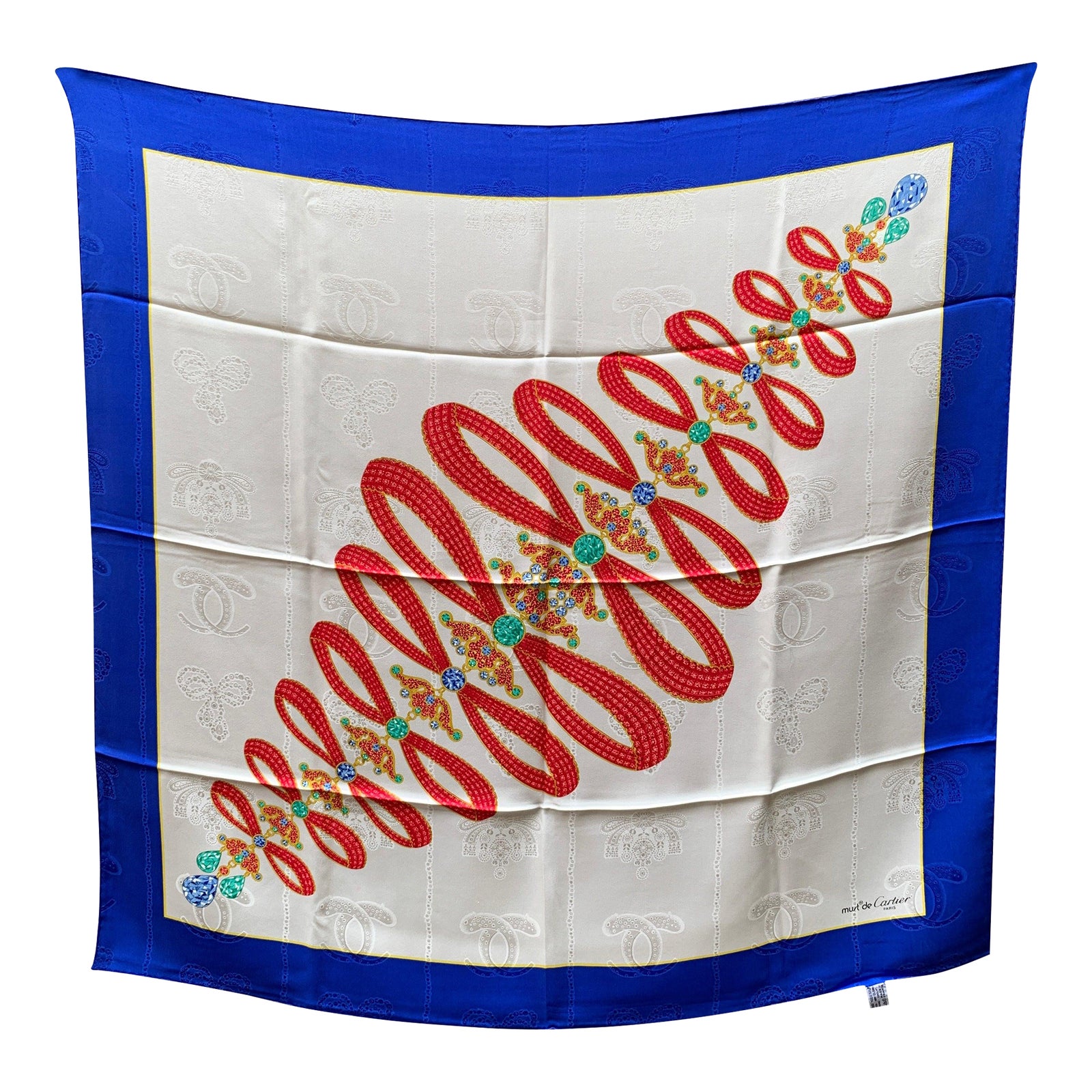 Must De Cartier Vintage Jacquard Silk Scarf Blue Border | Chairish
