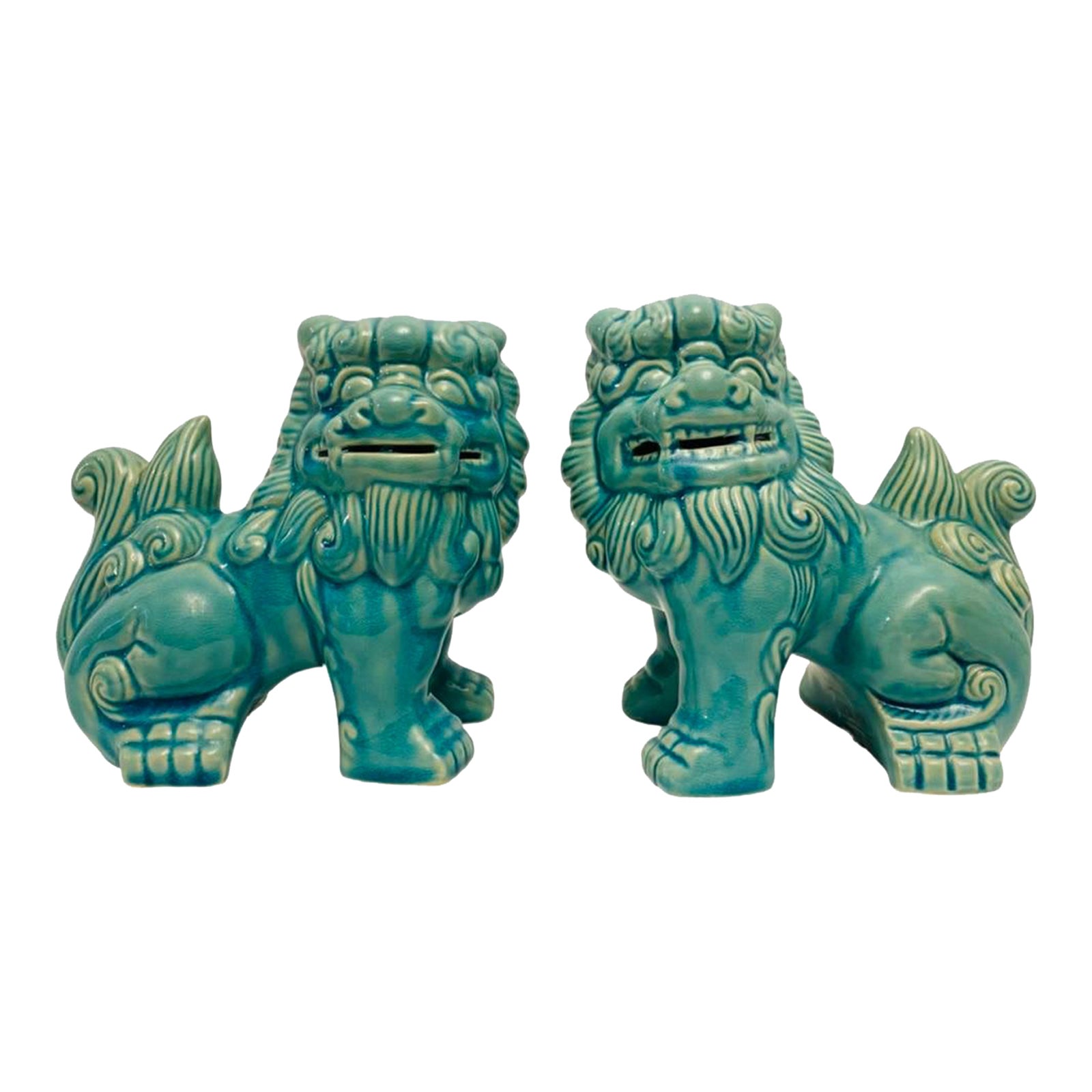 Late 20th Century Apropos Turquoise Blue Foo Dogs Ceramic Chinese Guardian Lions- Set of 2 ...
