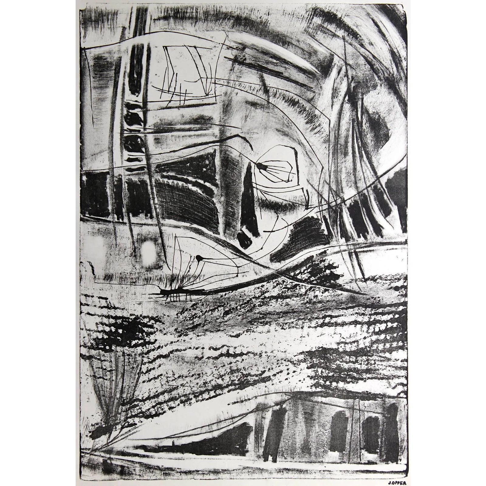 Jerry Opper Bauhaus Monochromatic Abstract Lithograph on Paper, Mid ...