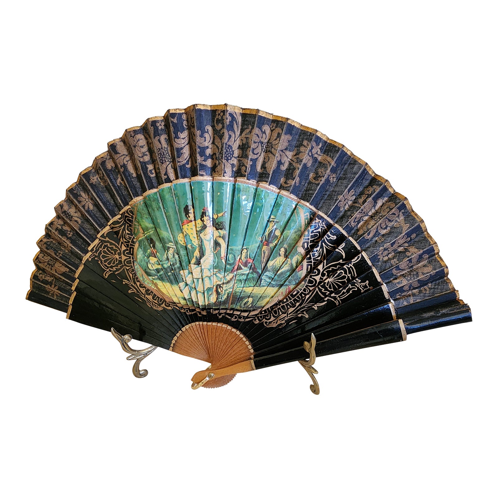 Vintage Hand Painted Fan With Black Lacquer of Romantic Spaniard ...