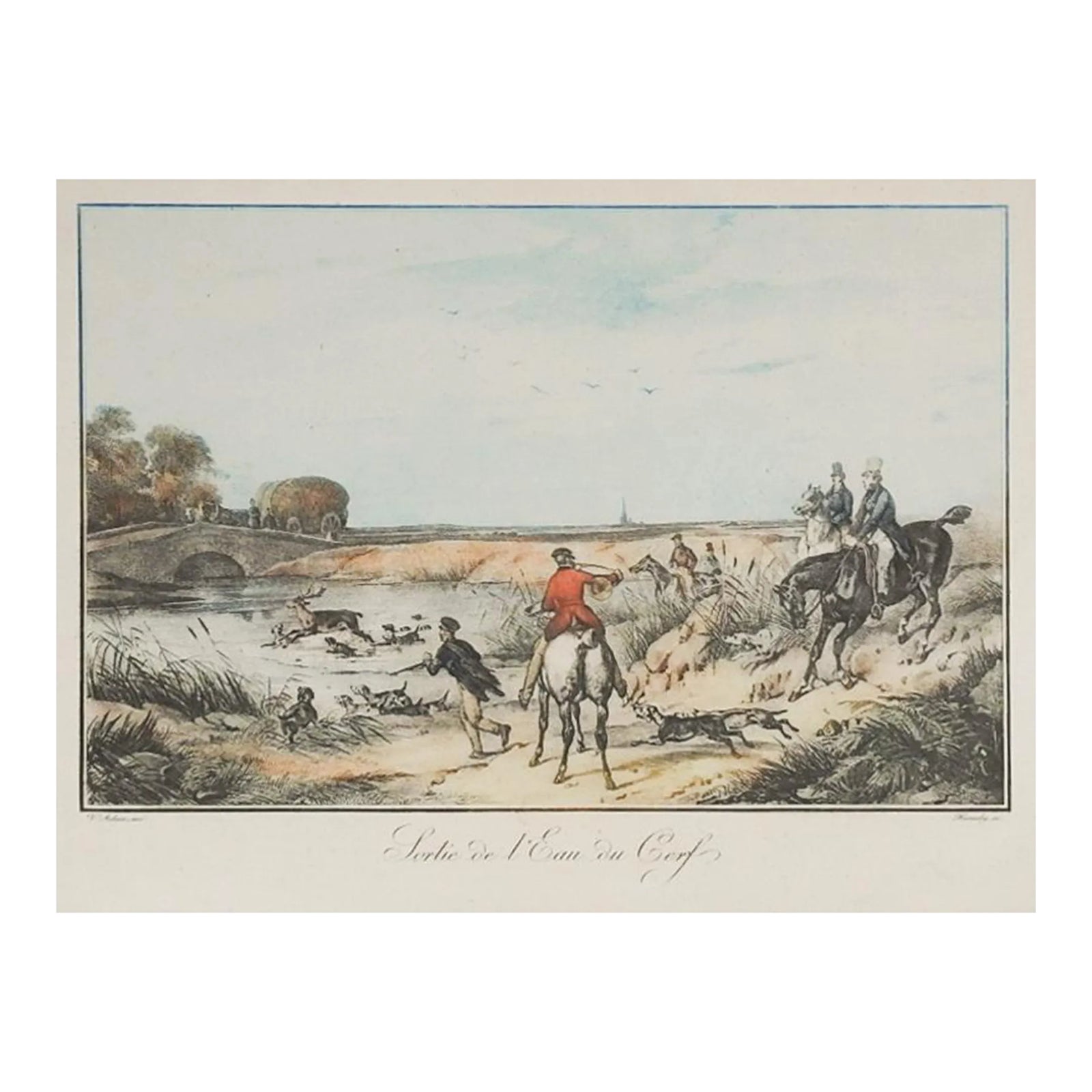 Vintage Early 20th Century Horses Hunter Lithograph | Chairish