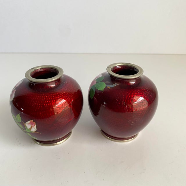 Vintage Japanese Akasuke Ginbari Cloissone Petite Vases Pigeon Blood ...