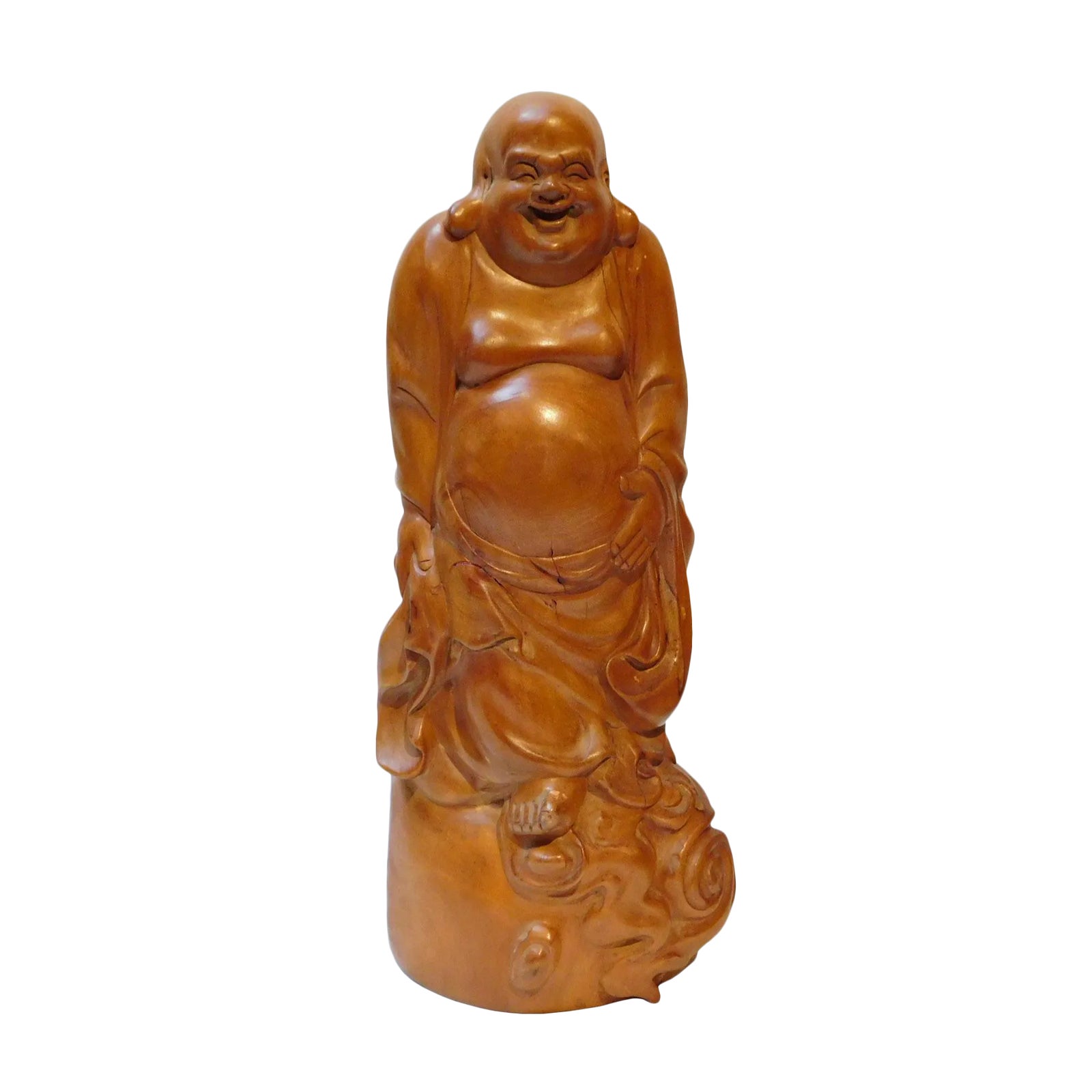 Chinese Hand Carved Standing Happy Buddha Budai Luohan Statue On Cloud ...