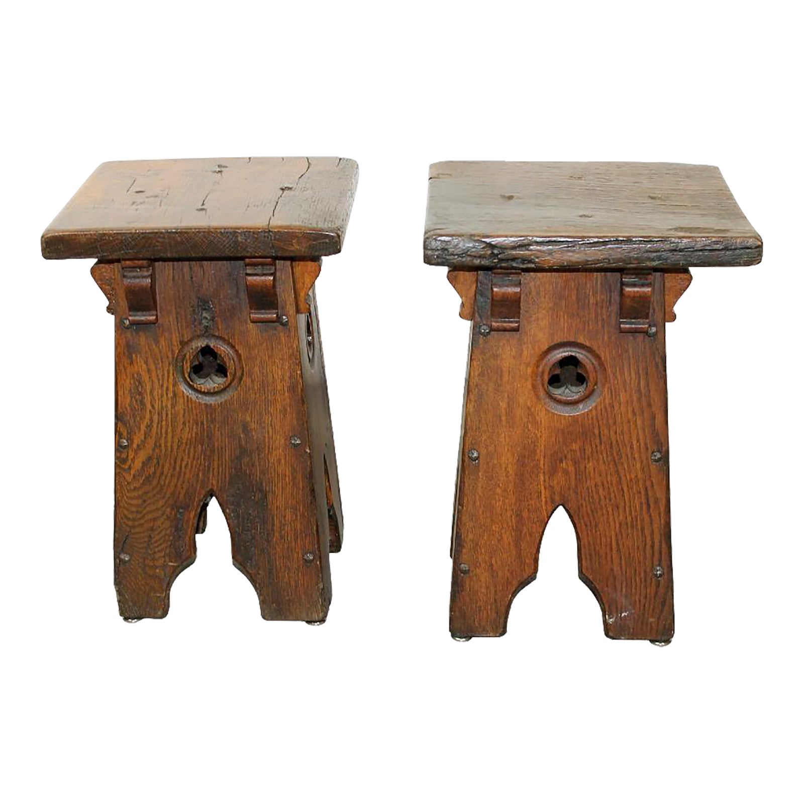 Mid 19th Century Pair of French Gothic Revival Stools in Oak | Chairish
